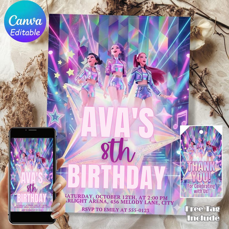 K-pop Demon Hunters Kids Birthday Invitation | Kpop Anime Invite ...