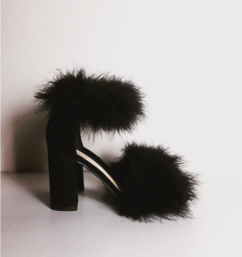 Black Chunky Furry Fur Heels with Ankle & Toe Strap Faux Fur | Etsy