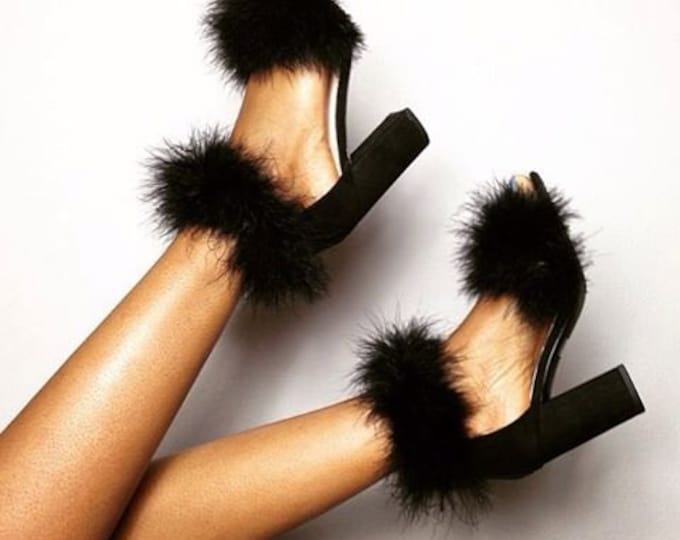 Black Chunky Furry Fur Heels With Ankle & Toe Strap Faux Fur Detailing ...