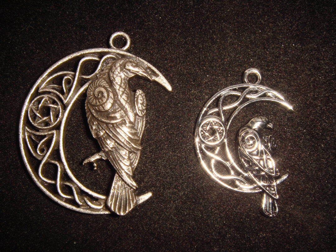 Celtic Morrigan Pewter Crow on Celtic Knot Crescent Moon W Pentacle ...
