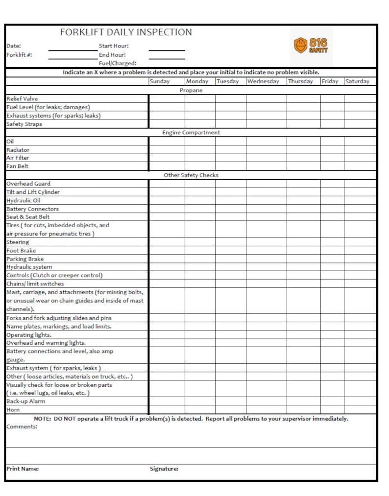 Forklift Daily Inspection Checklist | OSHA Powered Industrial Truck ...