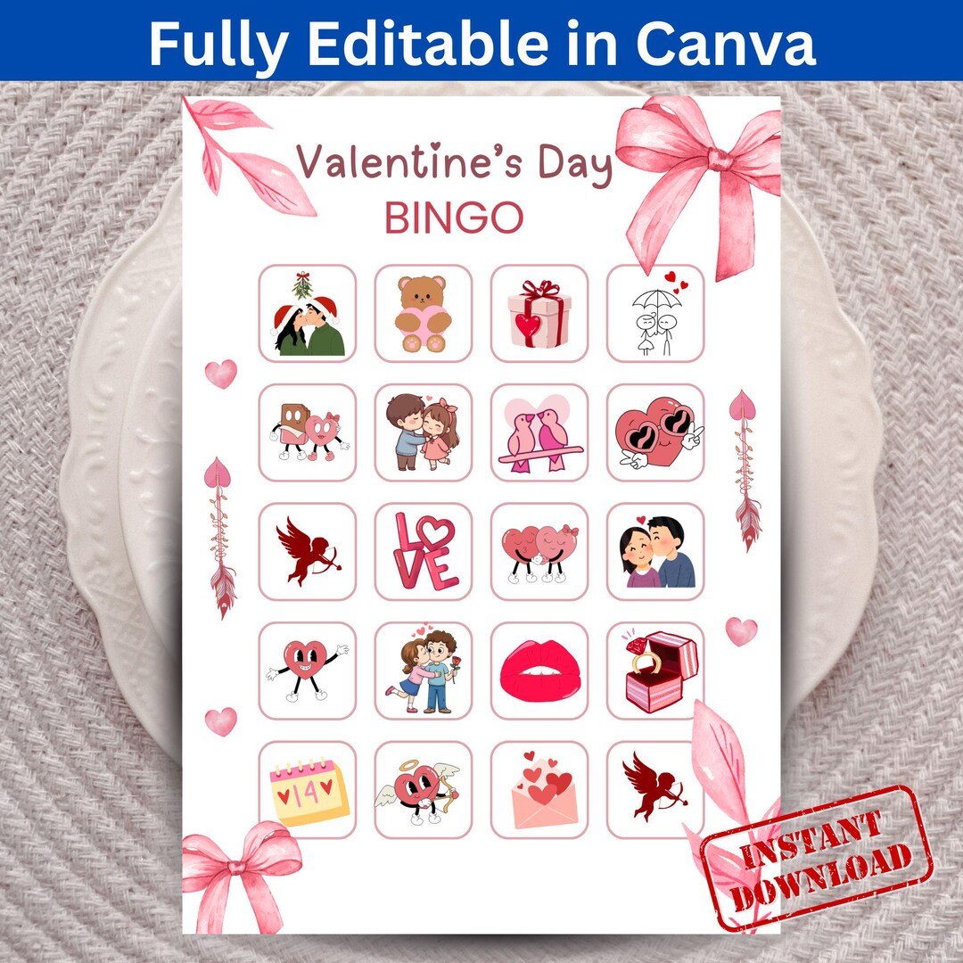 Valentine’s Bingo Card Printable, Valentine Party Bingo Game, Kids ...