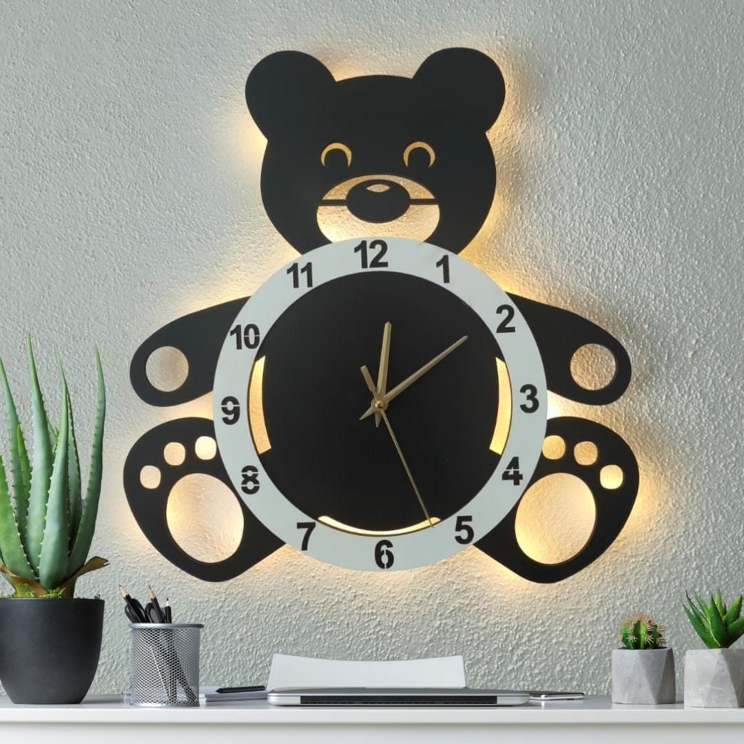 Teddy Bear LED Lighted Wall Clock 40 Cm Kids Room Decor - Etsy