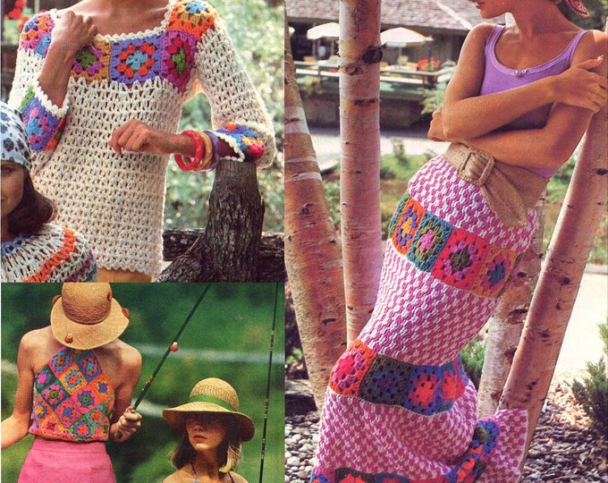 Vintage 1970's Glorious Granny Square Crochet Patterns Gingham Maxi ...