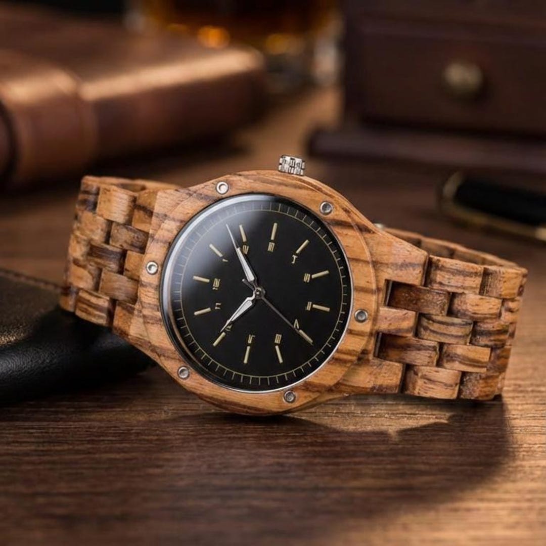 Men's Zebra Wood Watch – Japanese Quartz Wooden Wristwatch With Black ...