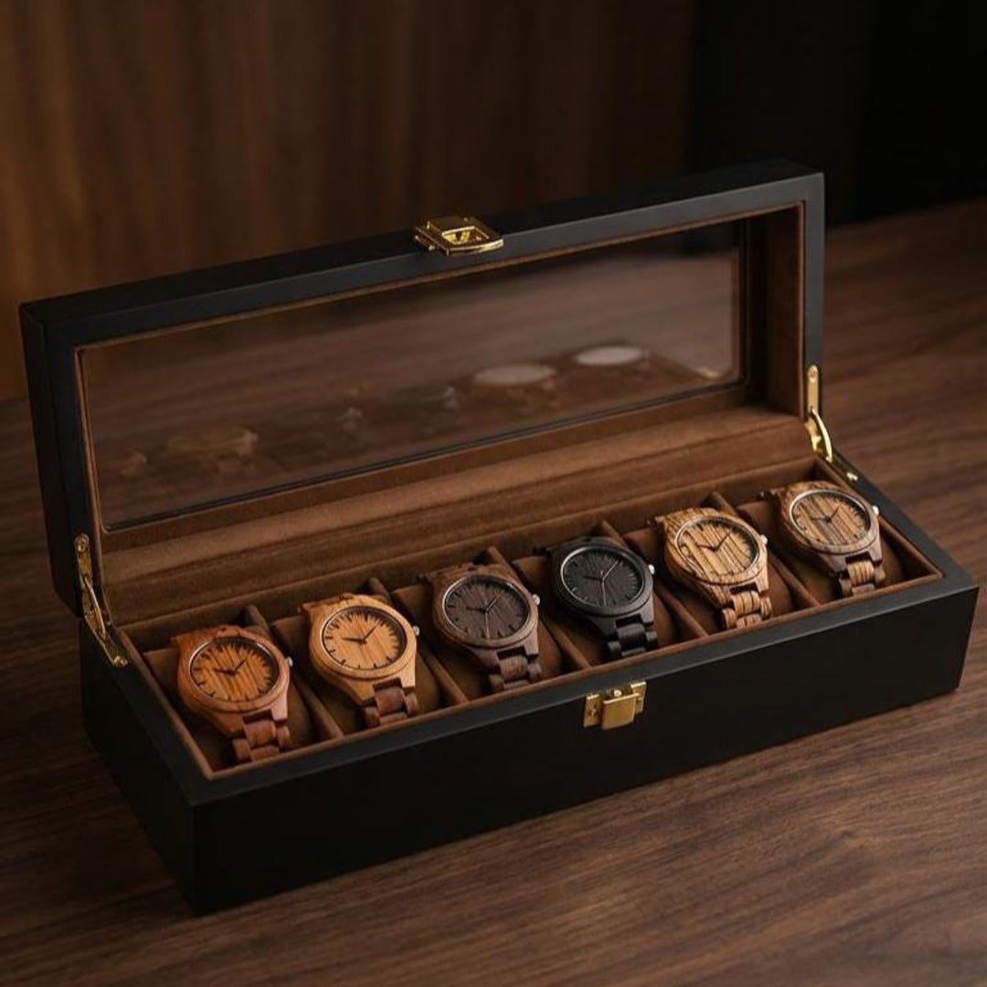 Luxury Wooden Watch Box With Glass Lid – Black Display Case Organizer ...