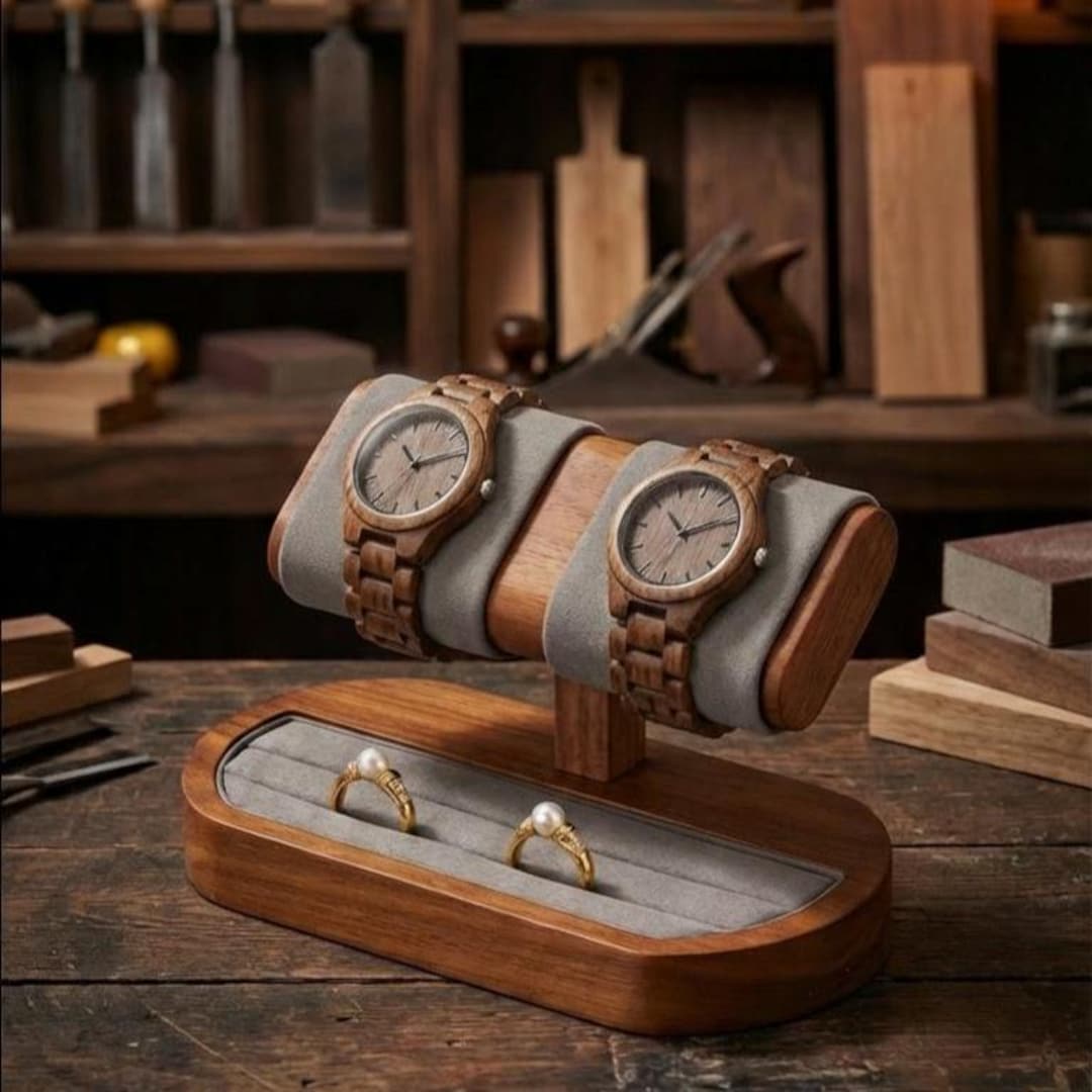 Wood Watch & Bracelet Display Stand – Solid Walnut Jewelry Organizer ...