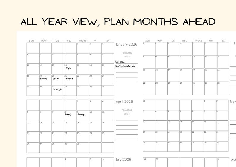 2026 Year at A Glance Wall Calendar Printable, A1 A2 Large Minimal Wall ...