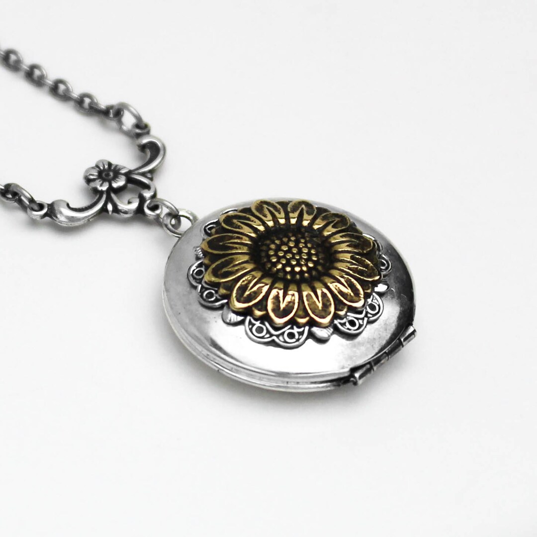 Sunflower Necklace, Sunflower Locket Necklace, Silver Sunflower Locket ...