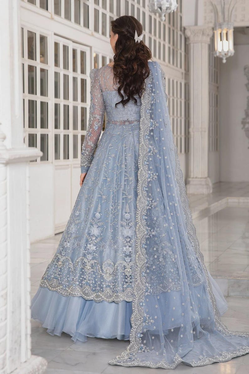 Ice Blue Pakistani Indian Bridal Maxi Embroidered Nikah Mehndi ...