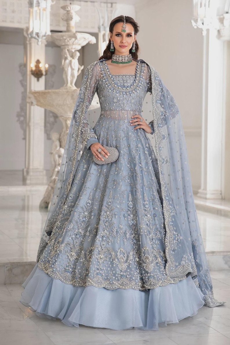 Ice Blue Pakistani Indian Bridal Maxi Embroidered Nikah Mehndi ...