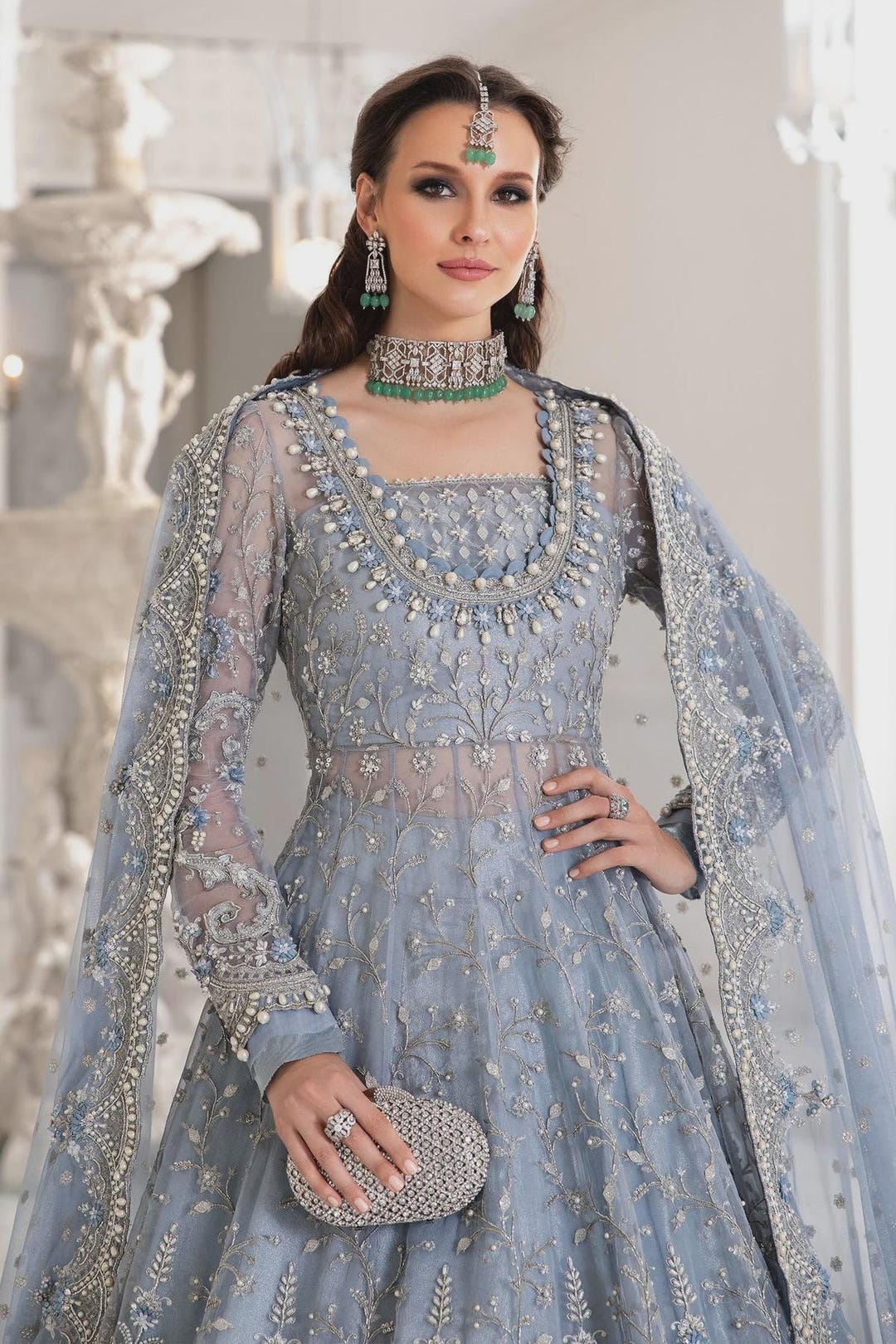 Ice Blue Pakistani Indian Bridal Maxi Embroidered Nikah Mehndi ...