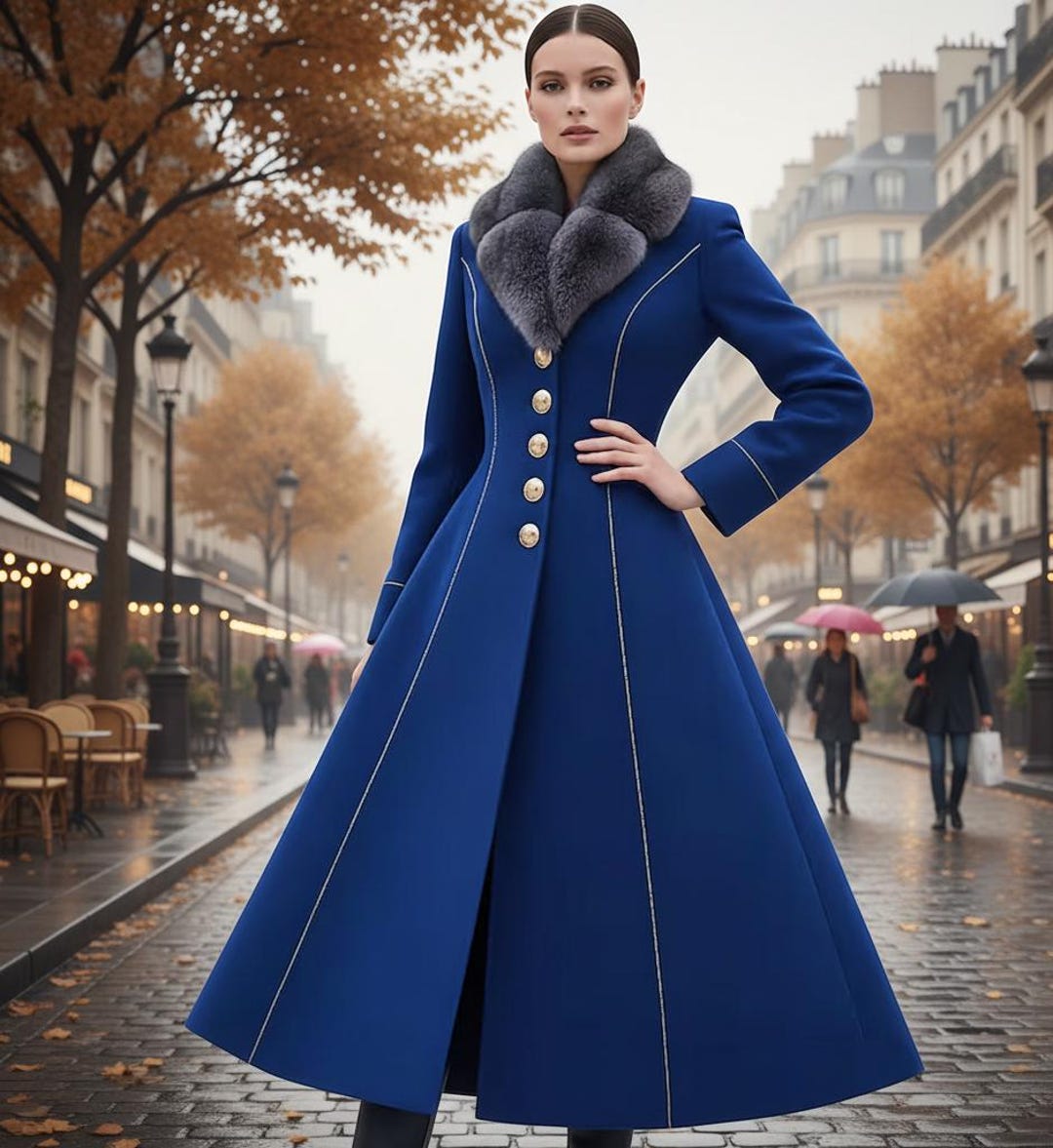 Women's Wool Trench Coat, Royal Blue Double Breasted Winter Overcoat ...