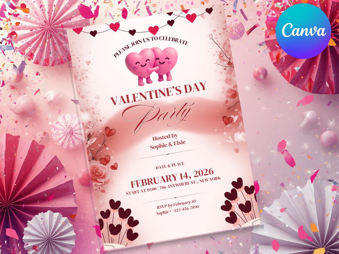 Editable Valentine's Day Party Invitation Template, Heart Brunch ...