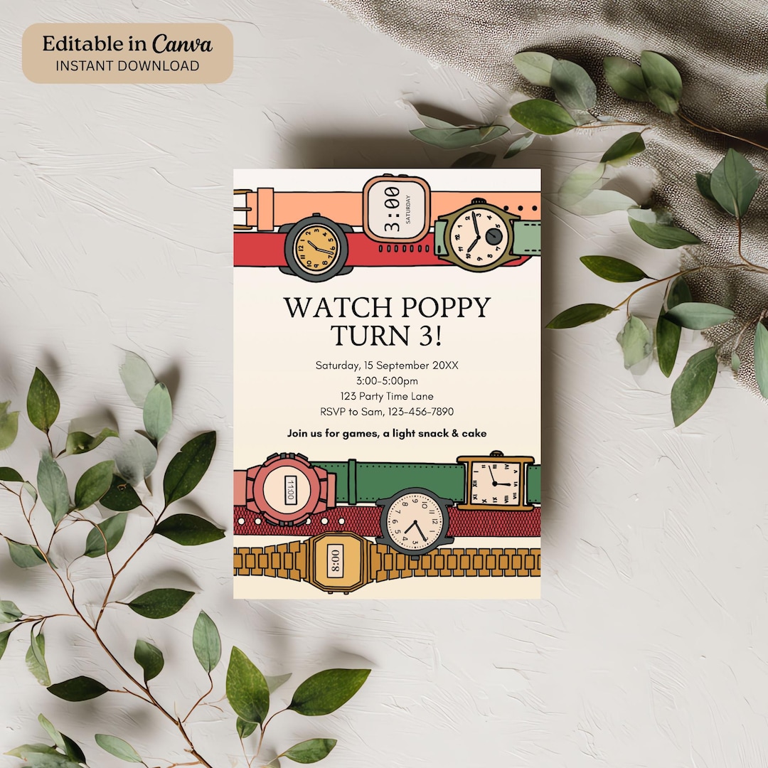 Wrist Watch Birthday Invitation: Kids Party Invite (digital Download ...