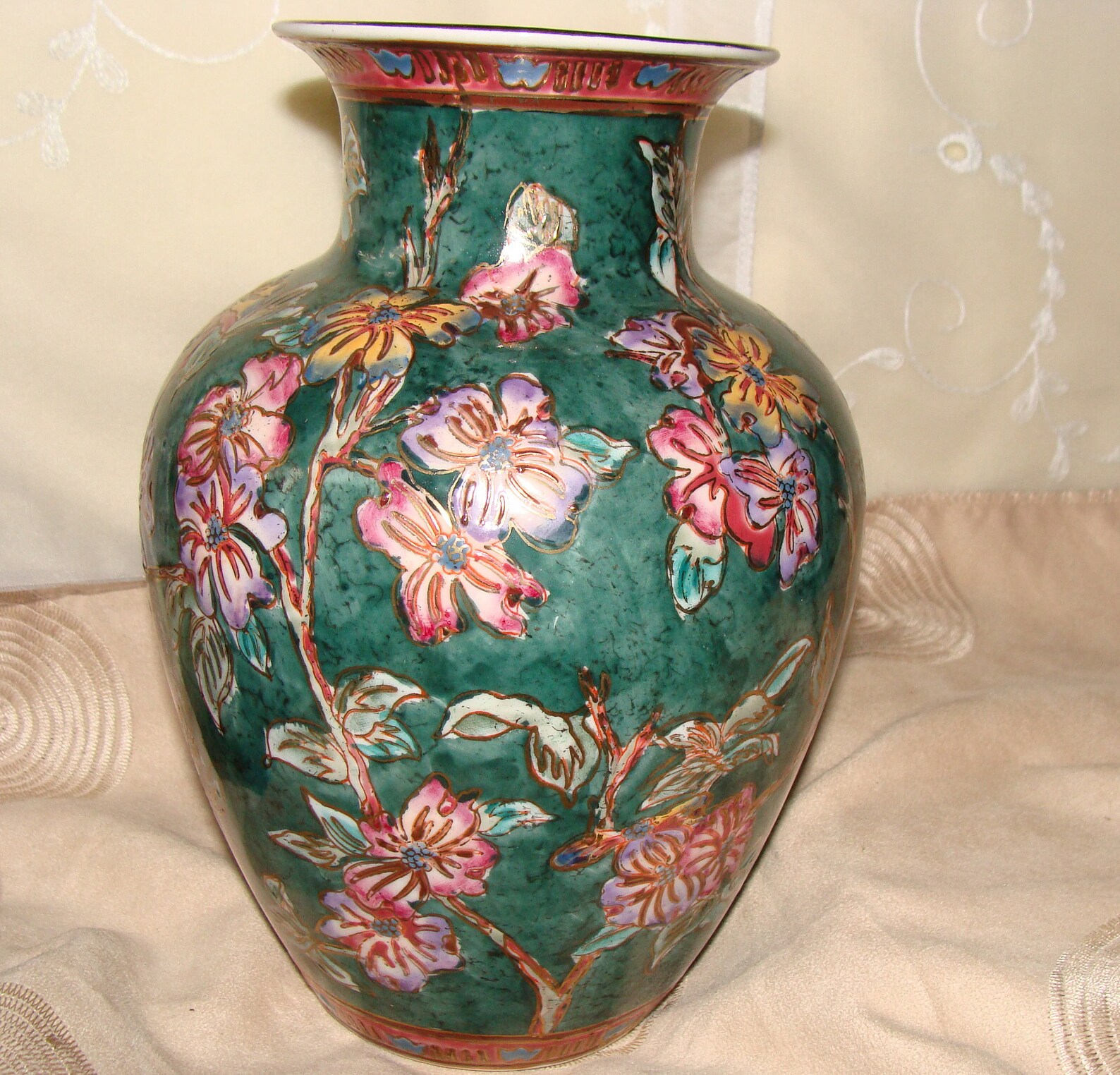 Incised Vase With Raised Painted Design, Gold Highlites, 9-10 Inches ...