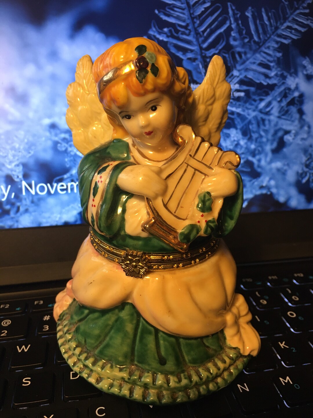 Angel Keepsake Box, Snap Closure, Gold Highlights, Harp, Vintage to the ...