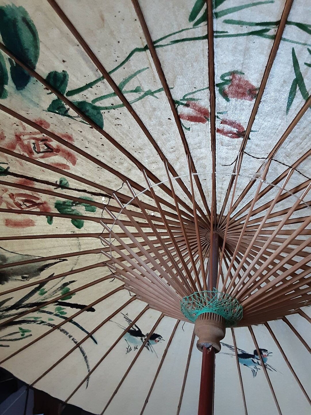 Parasol Featuring Birds, Hand Painted, 34 Inches Wide, Needs Repair (no ...