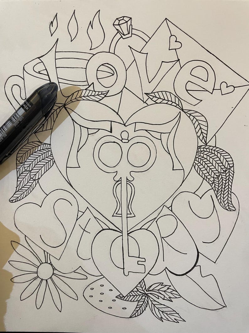 Heart Key Line Art Print, Black and White Illustration (digital ...