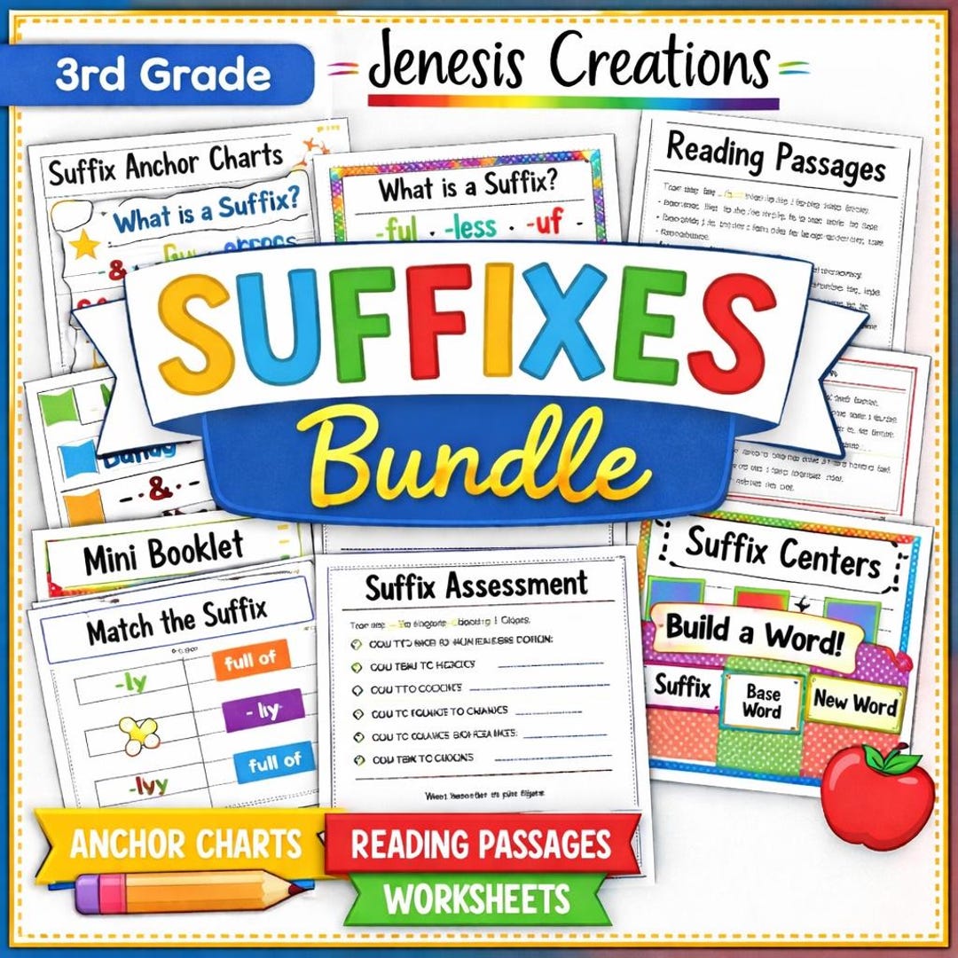 3rd Grade Suffixes Bundle Worksheets Reading Passages Anchor Charts ...