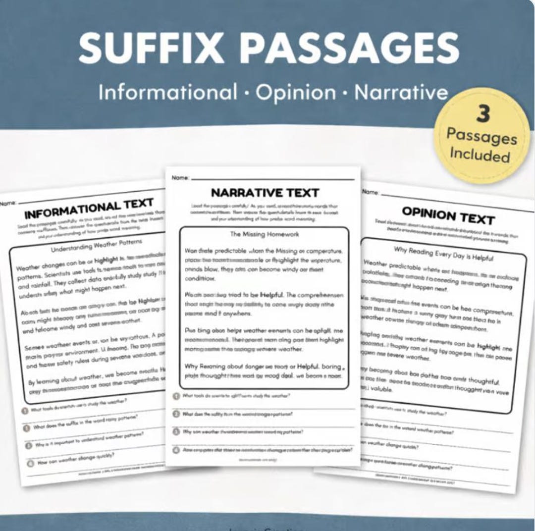 3rd Grade Suffix Reading Passages Informational Opinion Narrative ...