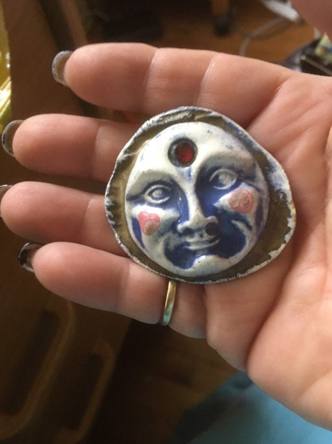 Handmade Moon Face Pin With Red Stone Cosmic Love - Etsy
