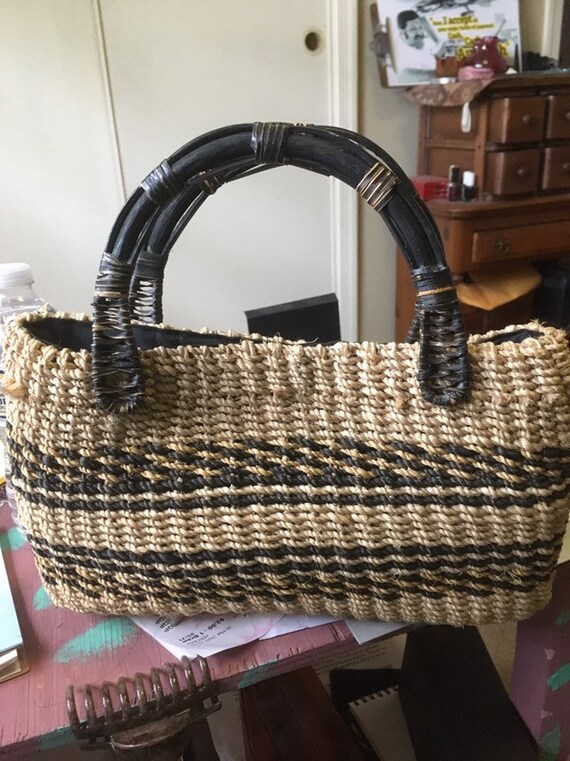 Vintage Straw Woven W/ Wood Tree Bark Handle Purse Summer - Etsy