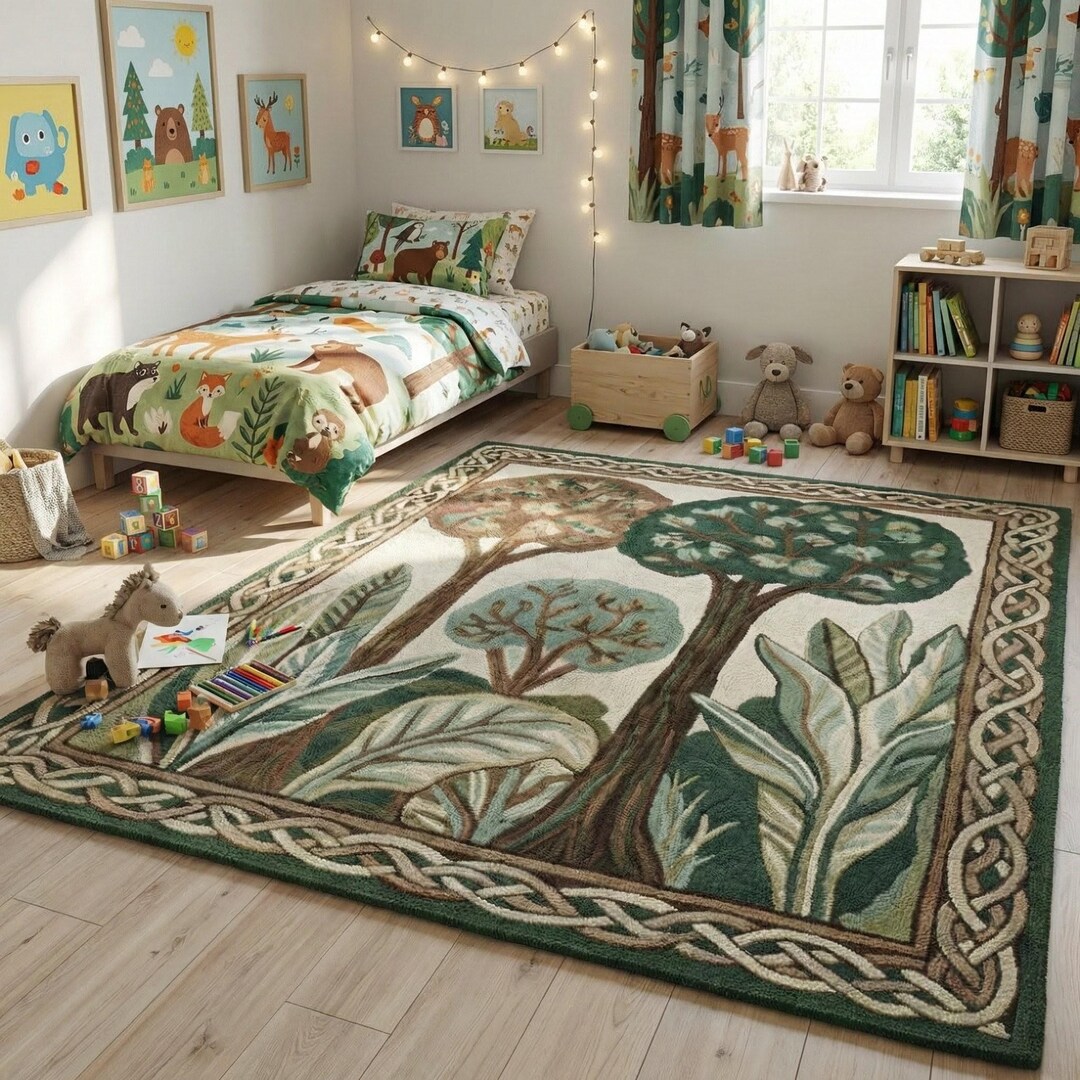 Botanical Tree of Life Outdoor Area Rug With Celtic Knot Border Hand ...