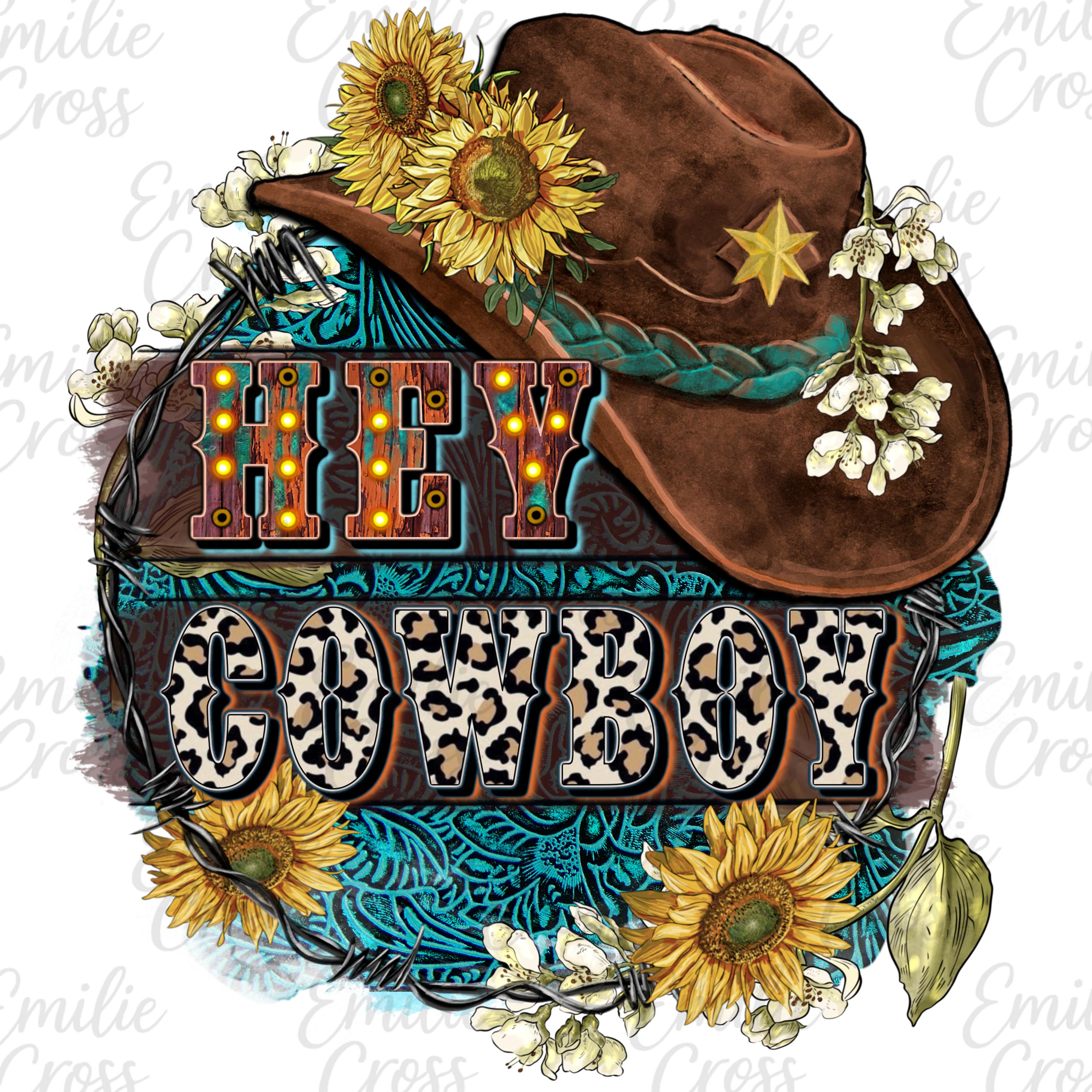 Hey Cowboy Png, Western Cowgirl Quote Png, Sunflower Leopard Cowboy Hat ...