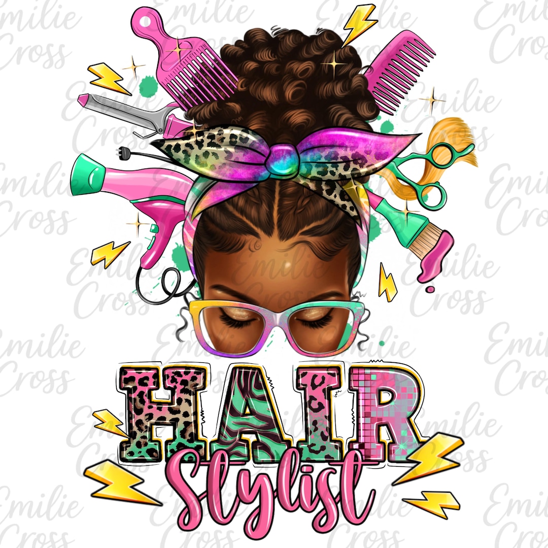 Hair Stylist Png, Afro Messy Bun Hair Art Png, Colorful Salon Tools ...