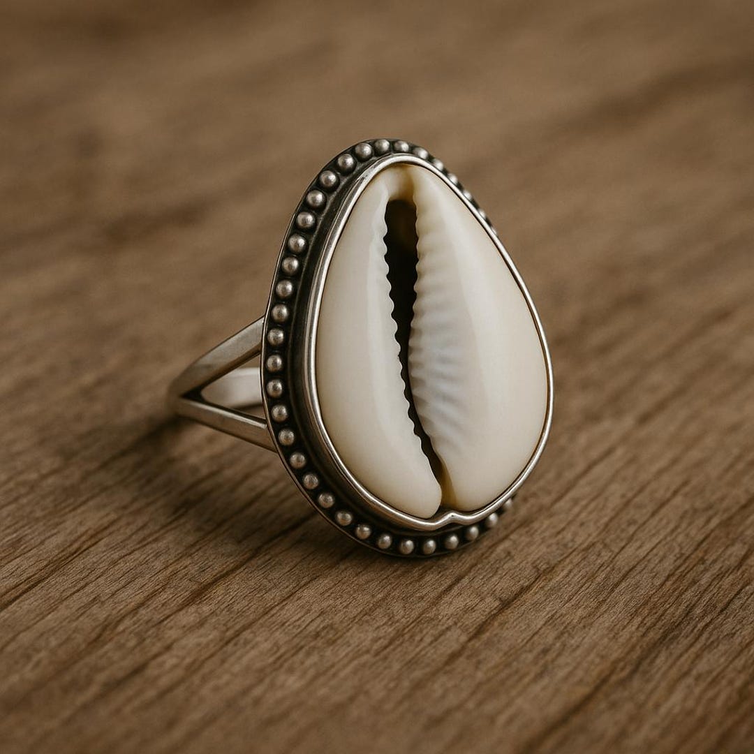 Sterling Silver Cowrie Shell Ring, Turquoise Accent, Boho Beach Jewelry ...