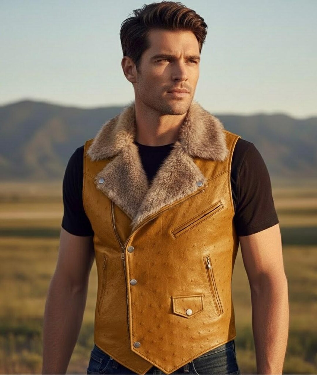 Ostrich Leather Vest With Faux Fur Collar – Men’s Slim Biker & Western ...