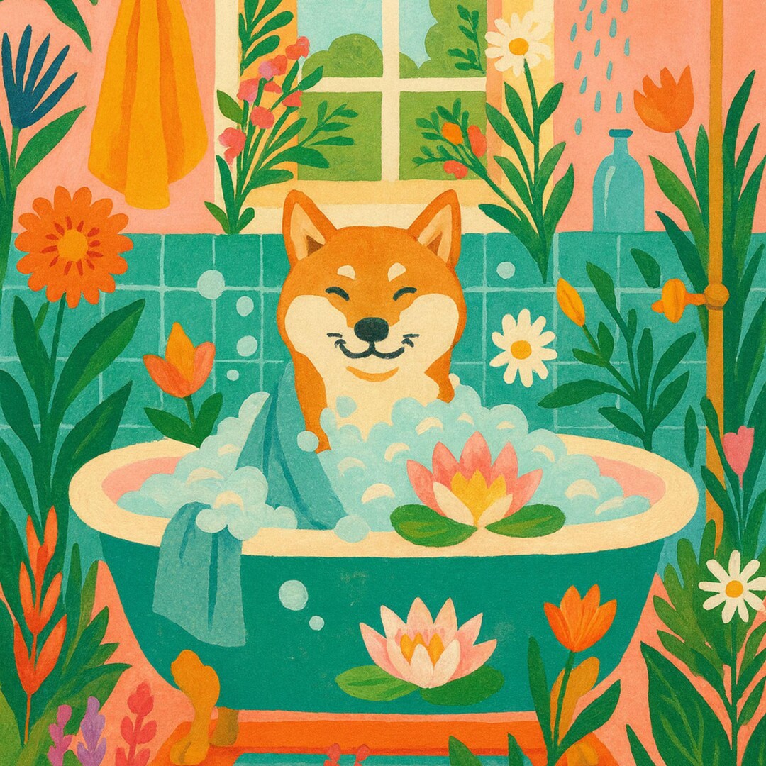 Shiba Inu Wall Art - Dog Enjoying a Bath - Bathroom Wall Decor ...