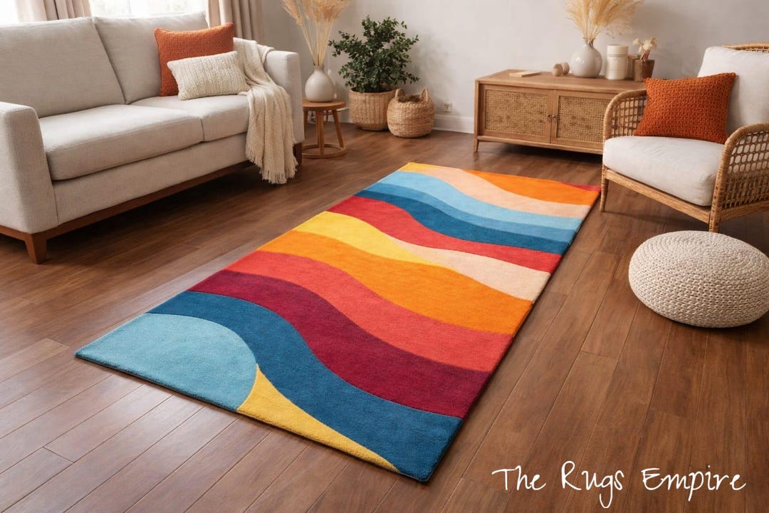 Colorful Abstract Area Rug, Modern Rainbow Wave, Boho Living Room ...
