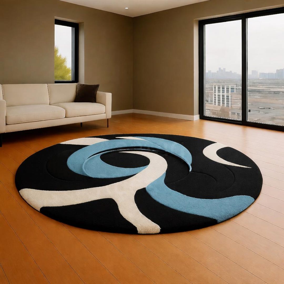 Abstract Swirl Area Rug – Modern Black, Blue, and Cream - Etsy