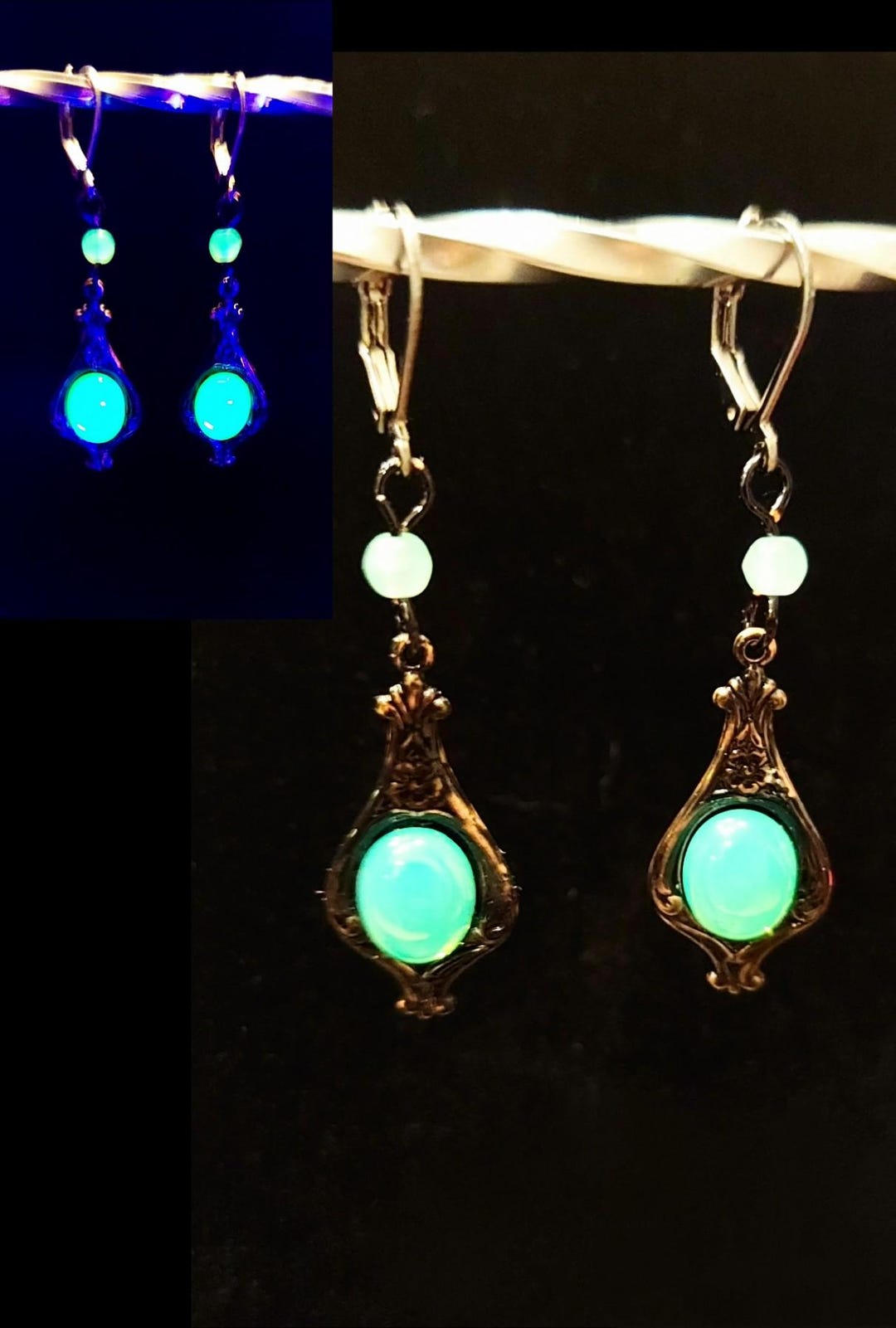 Uranium Glass Glowing Art Nouveau Fire Polished Drop Earrings ...