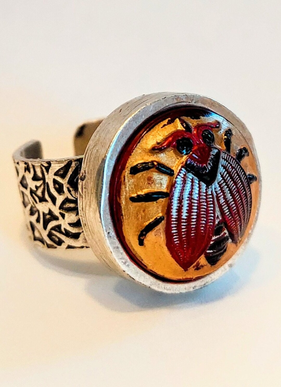 Insect - Bug - Beetle Ring!!!- Czech Glass Vintage!!! Recycled Button Adjustable - Etsy