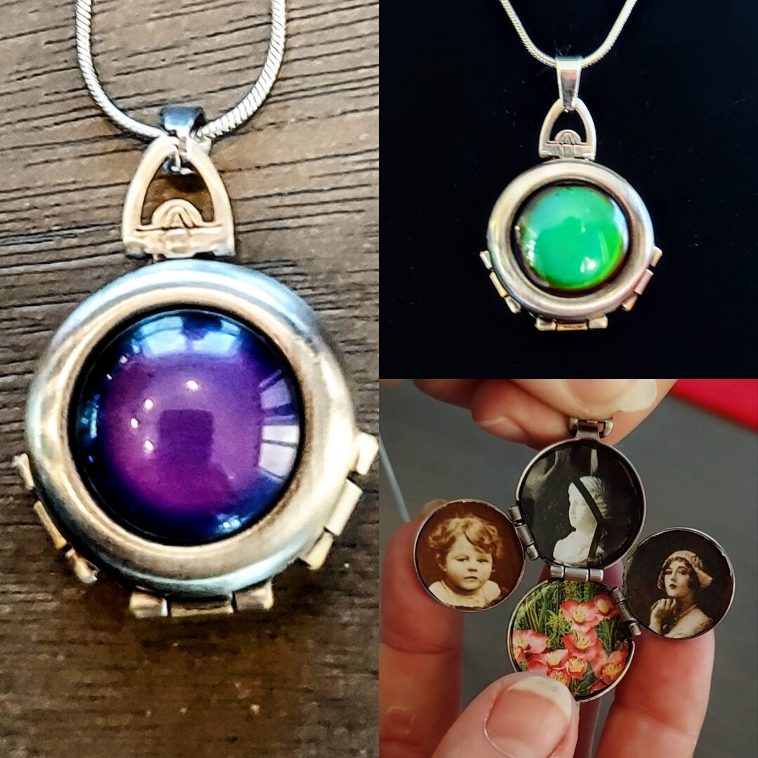 Mood Stone Clover 4 Photo Locket Silver Handmade Necklace Jewelry ...