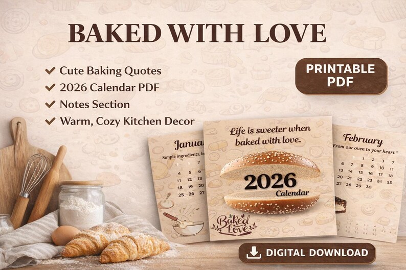 Bakery Wall Calendar 2026 Printable | Cute Baking Quotes Monthly ...