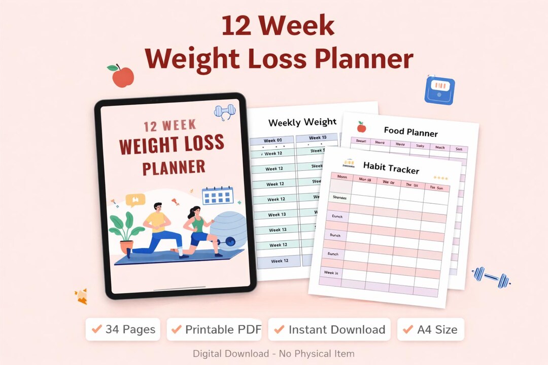 12 Week Weight Loss Planner Printable PDF | Fitness Journal Meal ...