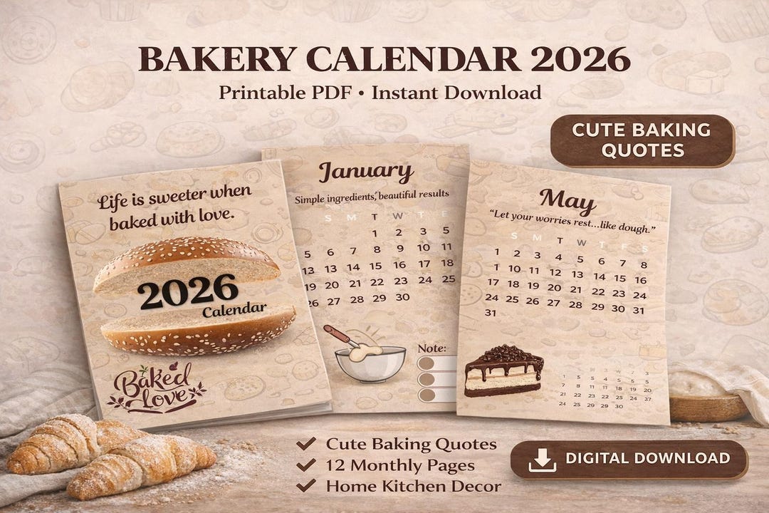 Bakery Wall Calendar 2026 Printable | Cute Baking Quotes Monthly ...