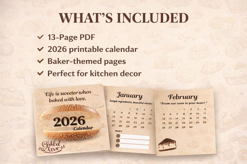 Bakery Wall Calendar 2026 Printable | Cute Baking Quotes Monthly ...