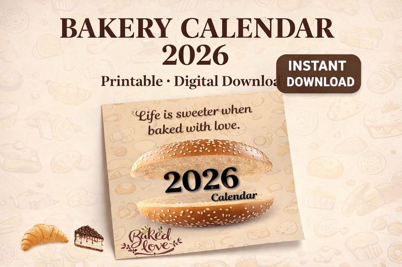 Bakery Wall Calendar 2026 Printable | Cute Baking Quotes Monthly ...