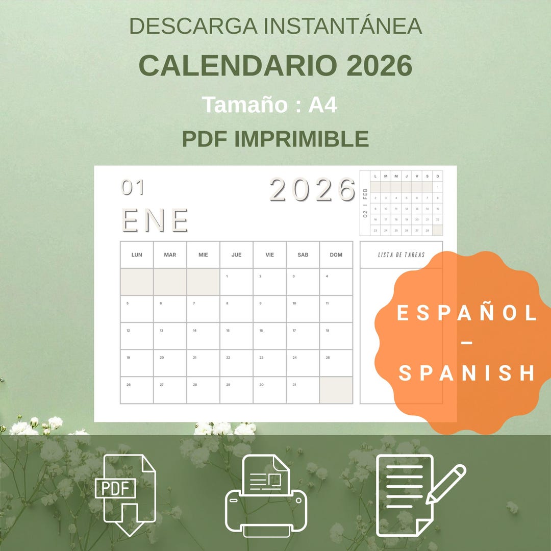 Imprimible Calendario En Español 2026, Calendar in Spanish, A4 ...