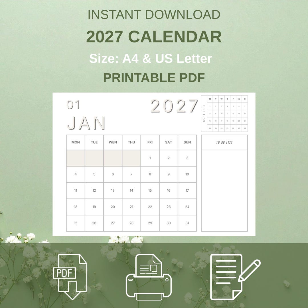 2027 Printable Monthly Calendar | A4 & US Letter Landscape (PDF) - Etsy UK