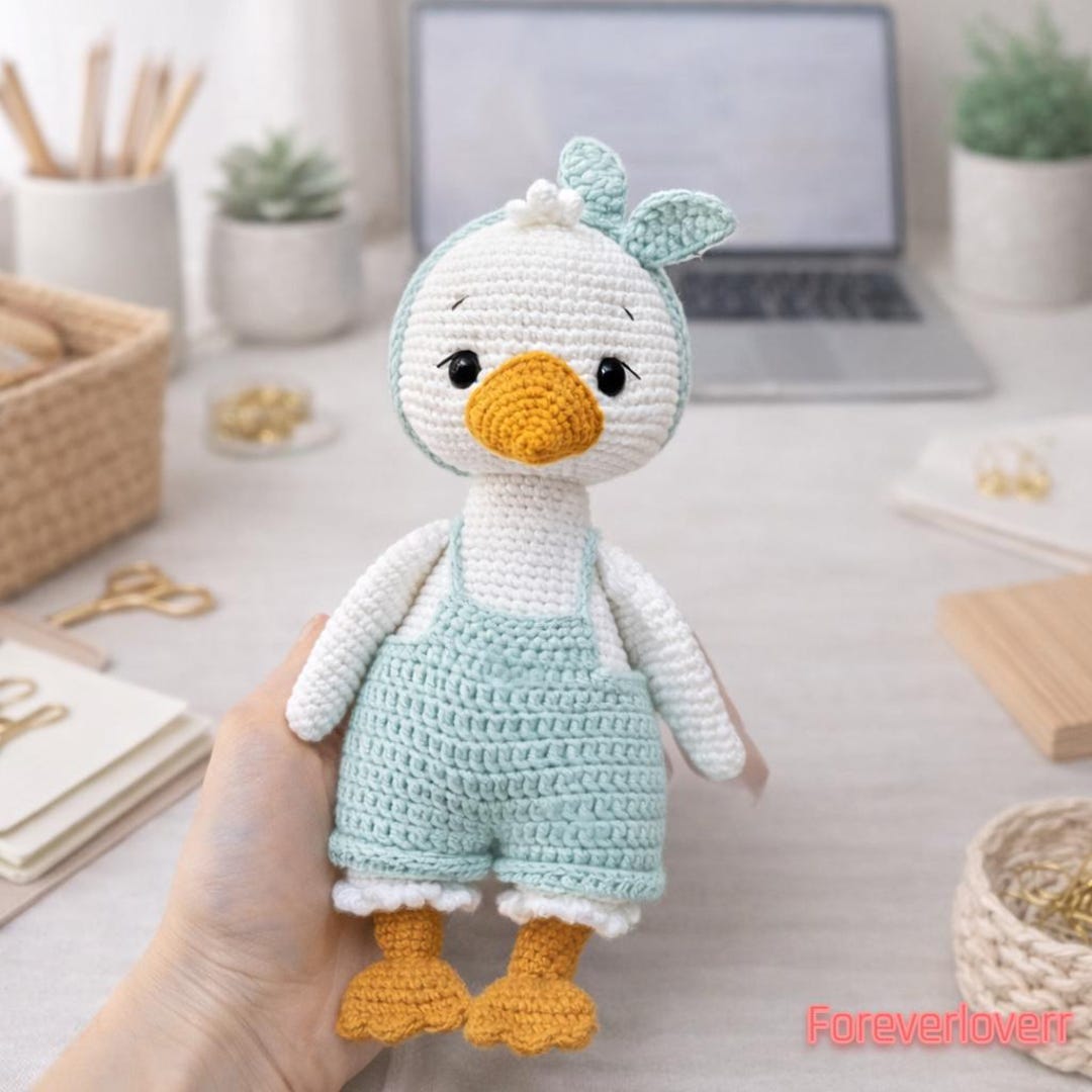 White Blue Crochet Duckling Doll Handmade Cotton Amigurumi Large ...