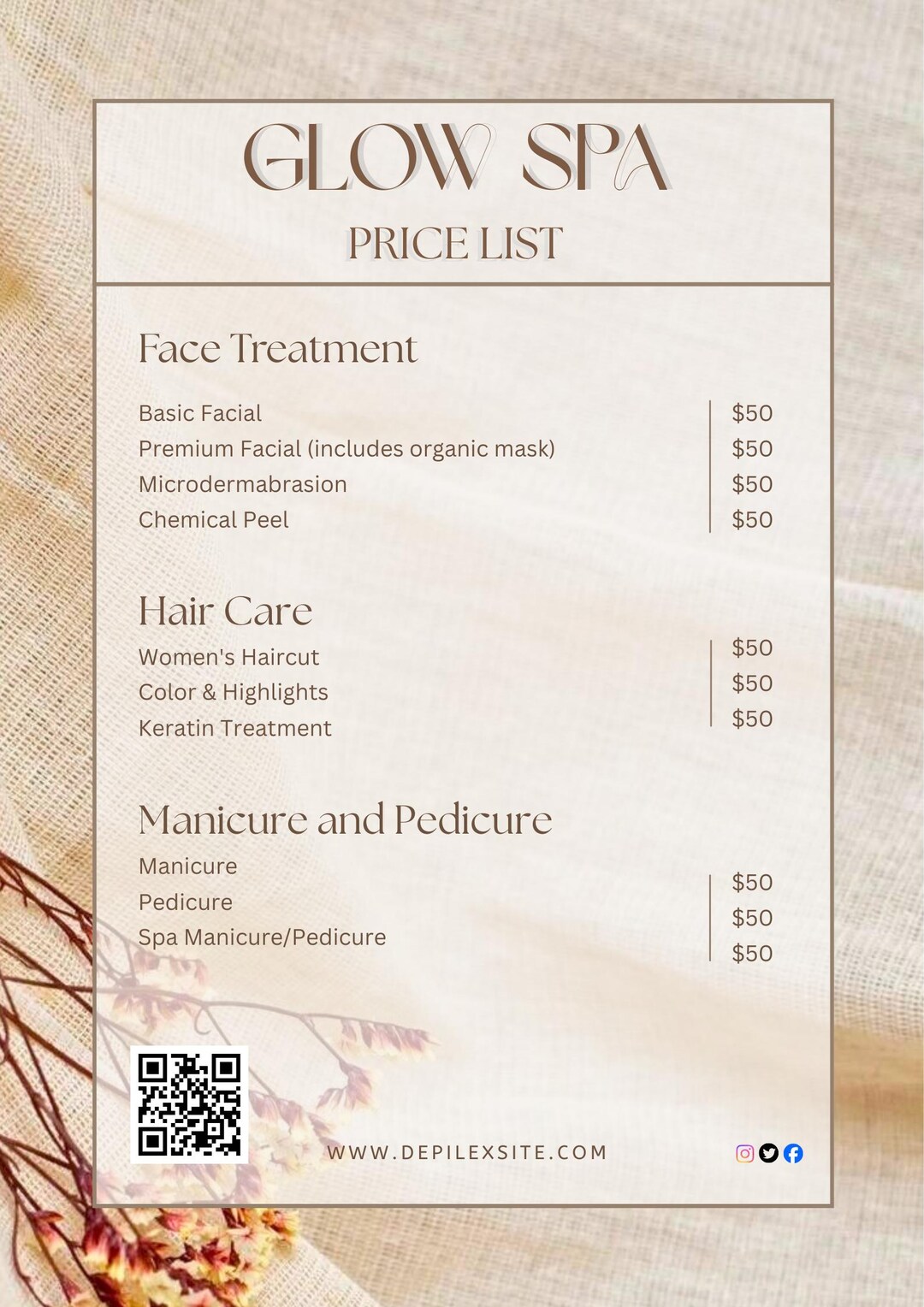 Price List Template | Editable in Canva | Spa & Salon Services Menu ...