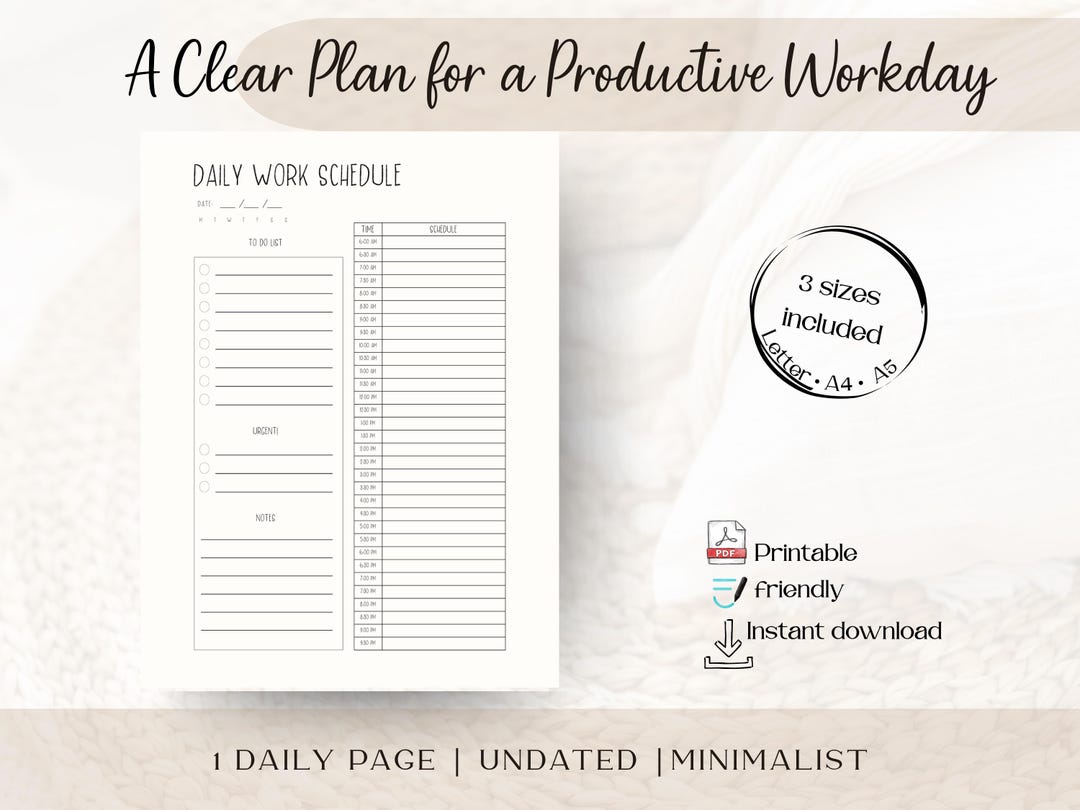 Daily Work Schedule Planner Printable Minimalist Daily Planner Undated ...