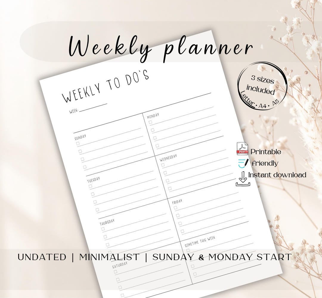 Weekly Planner Printable Undated Weekly to Do List Minimalist Weekly ...