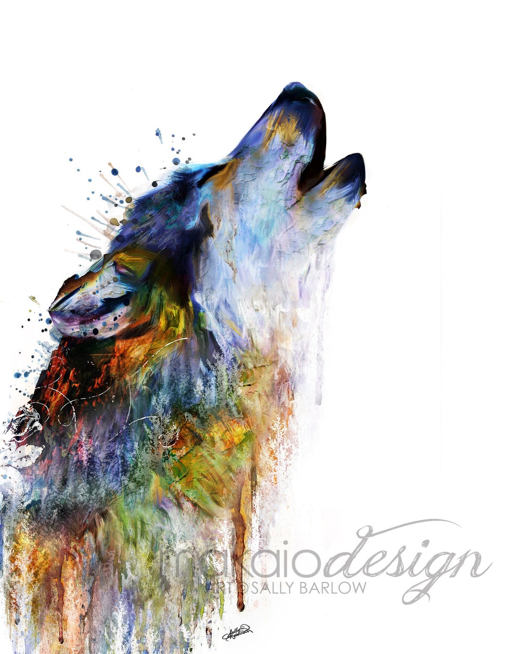 Howling Wolf Wall Art, Colorful Mixed Media Wolf Print, Bold Wildlife ...